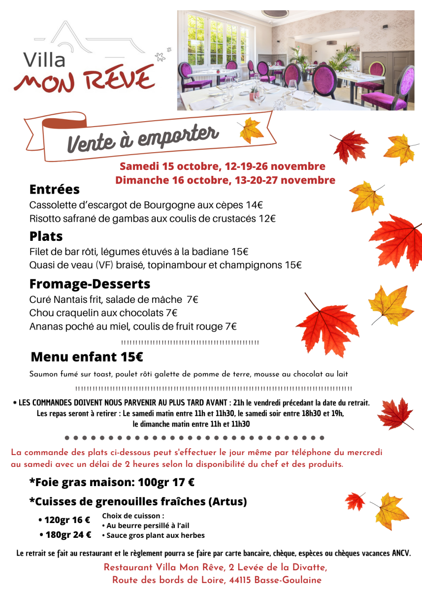 carte et menus - restaurant Villa Mon Rêve Basse Goulaine 44