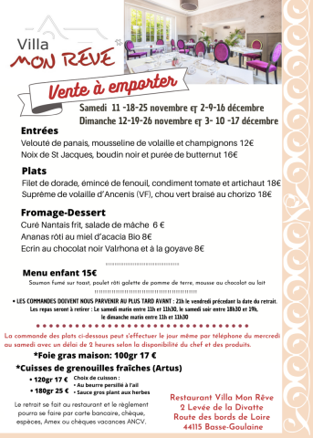 carte et menus - restaurant Villa Mon Rêve Basse Goulaine 44